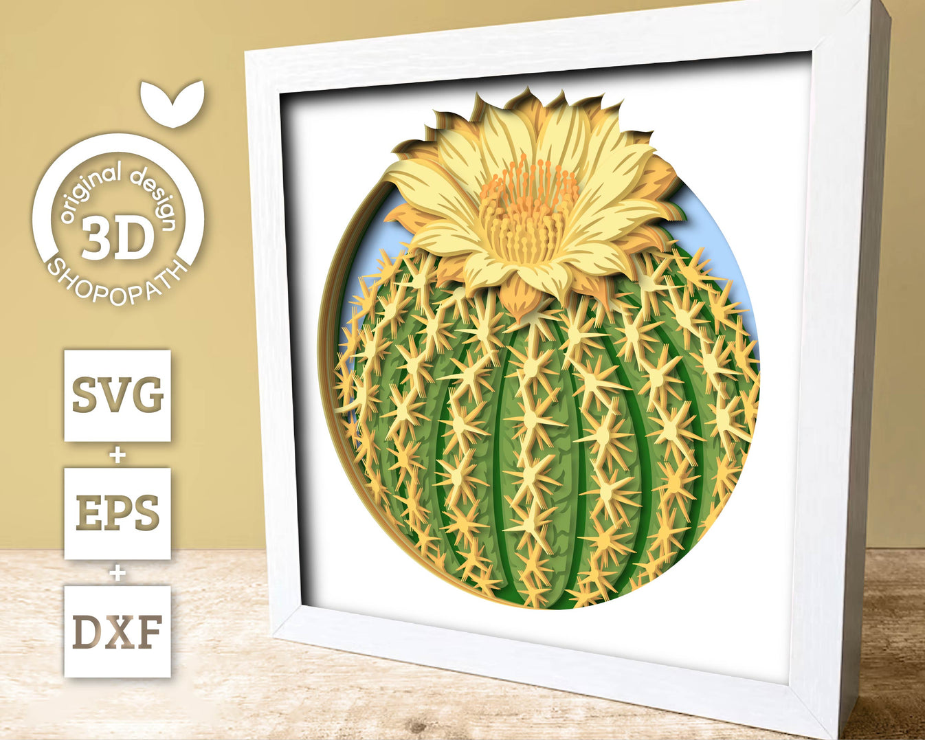 Barrel Cactus with Flower - 3D Shadow Box Layered SVG DXF EPS (Cutting ...
