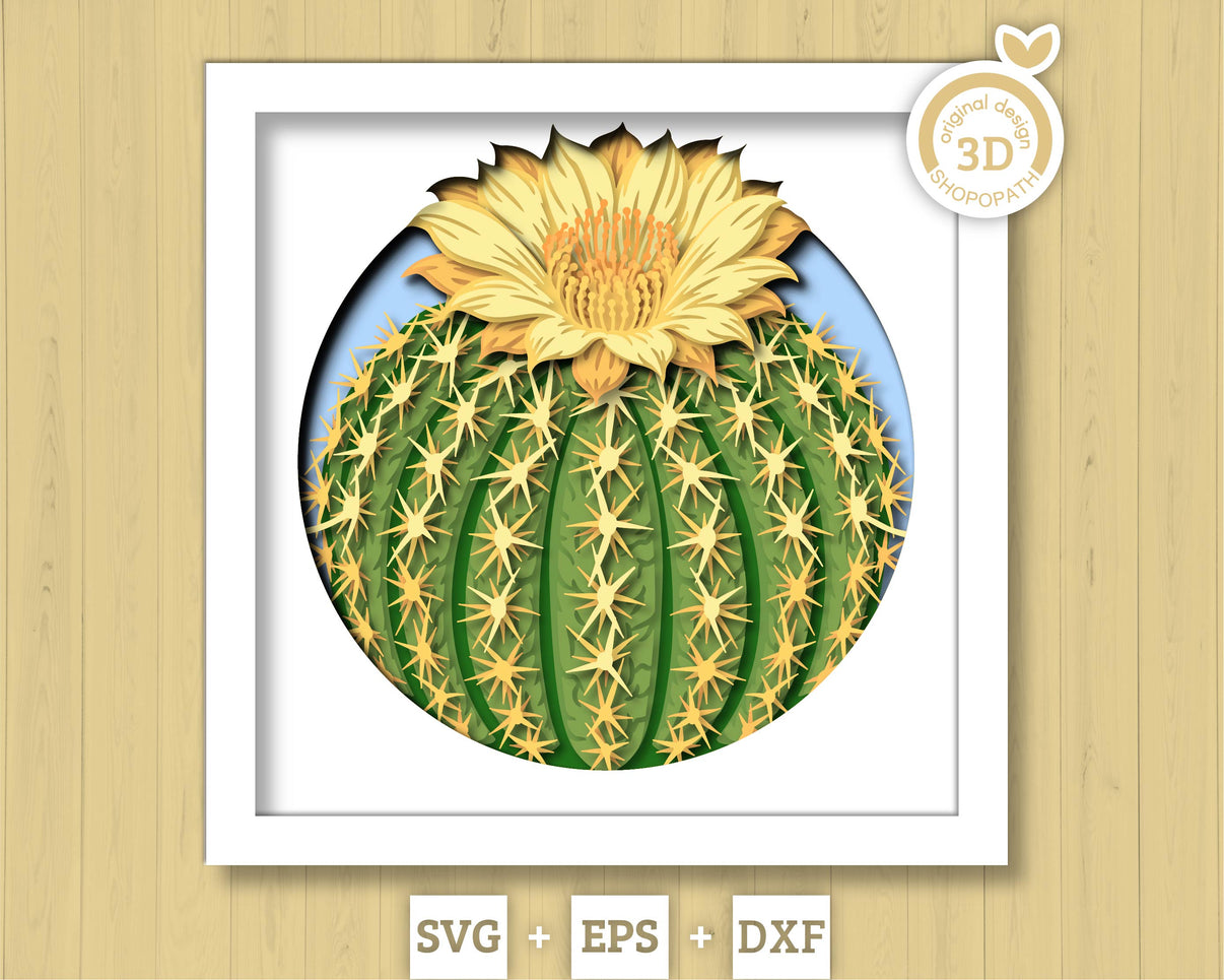 Barrel Cactus with Flower - 3D Shadow Box Layered SVG DXF EPS (Cutting ...